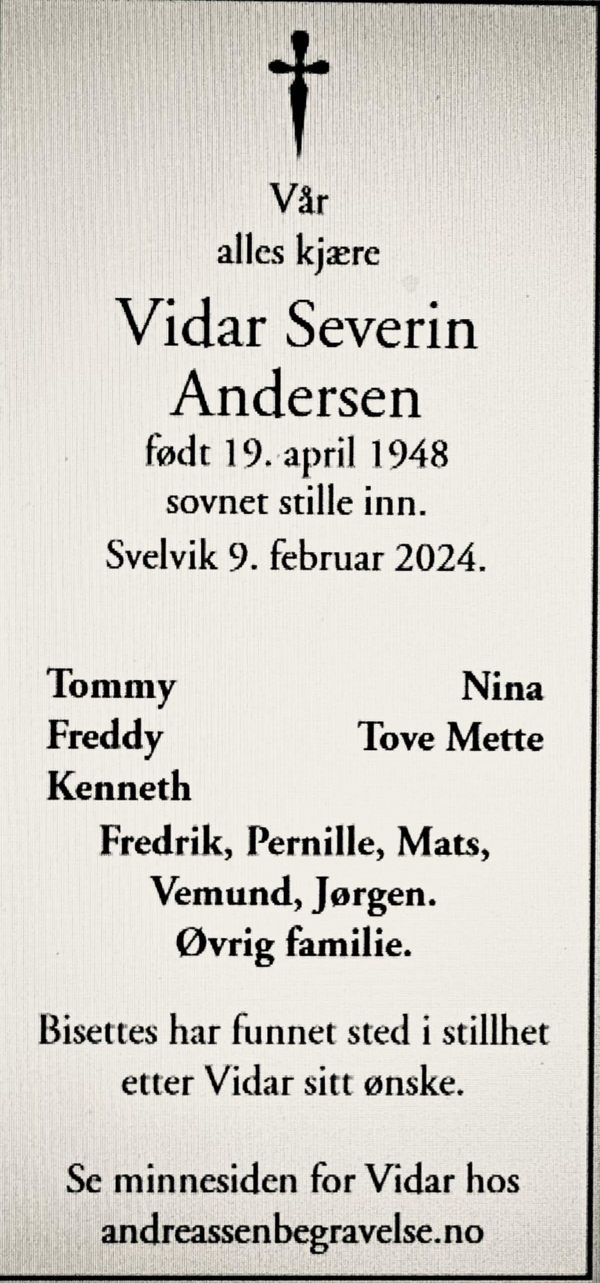 Vidar Severin Andersen | Minneside | Andreassen Begravelsesbyrå